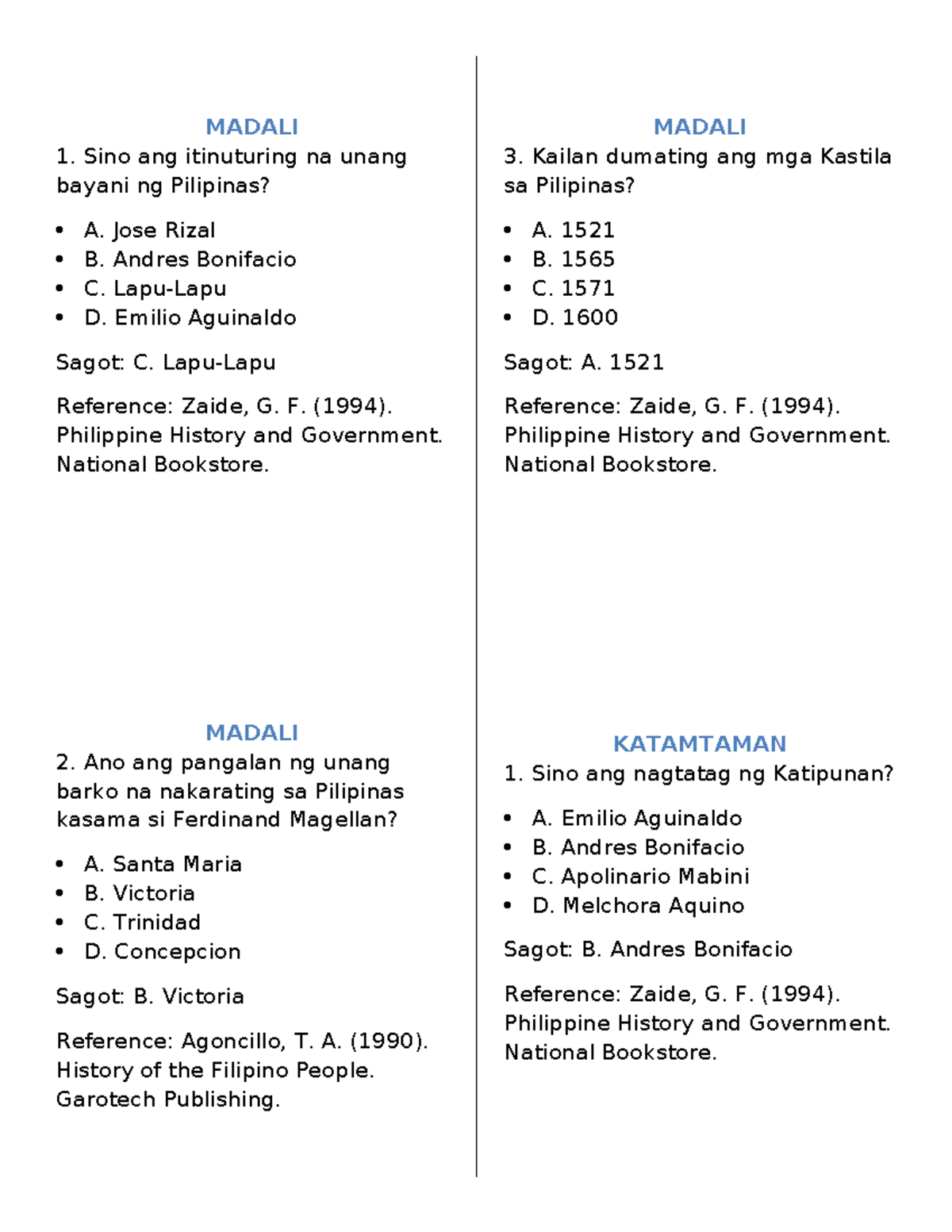 Philippine History Questions: MADALI, KATAMTAMAN, MAHIRAP Levels - Studocu