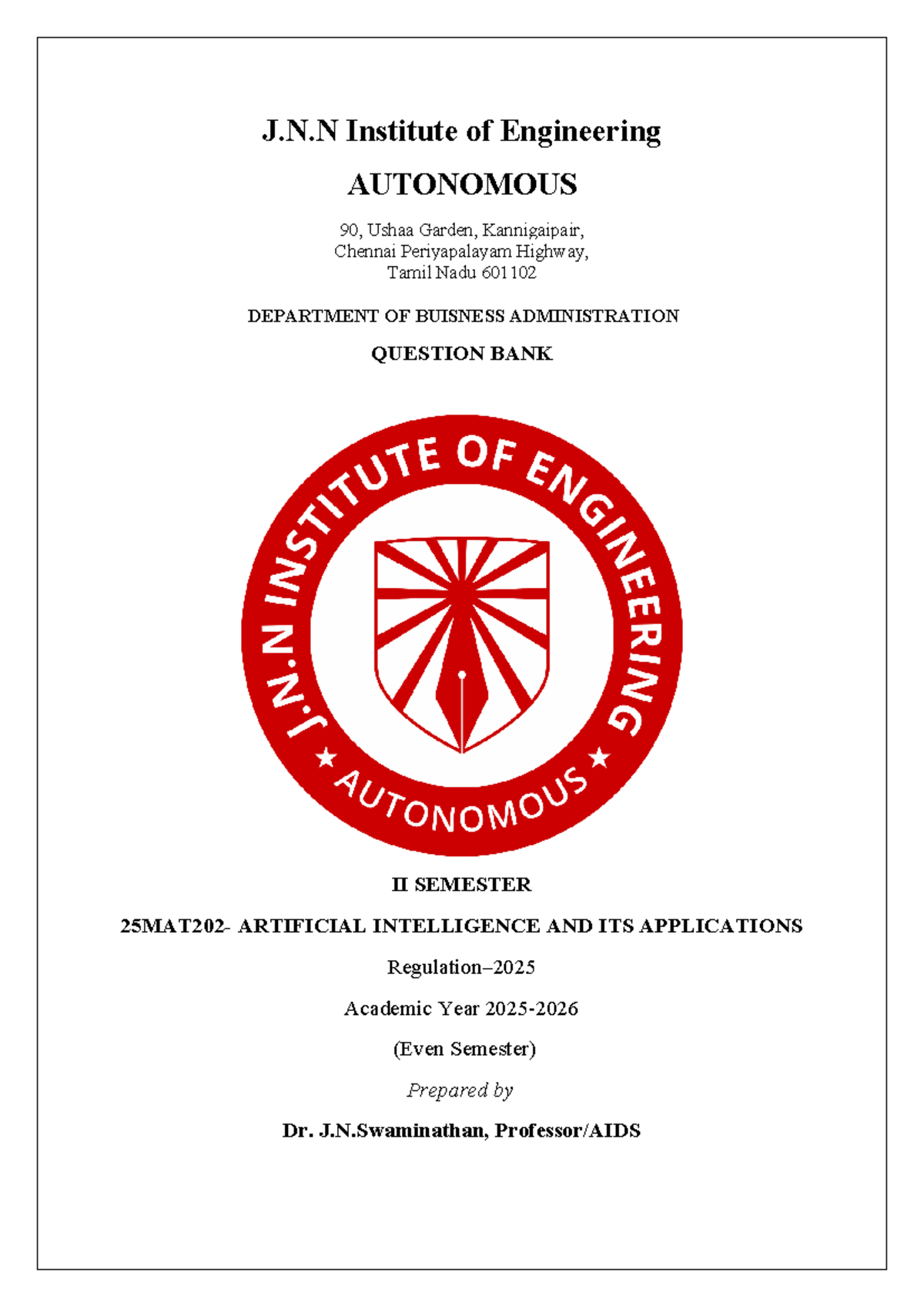 25MAT202 MBA Question Bank: Artificial Intelligence & Applications ...