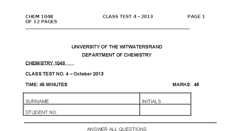CHEM 1048 CLASS TEST 4 OCTOBER 2013 - UNIVERSITY OF WITWATERSRAND - Studocu