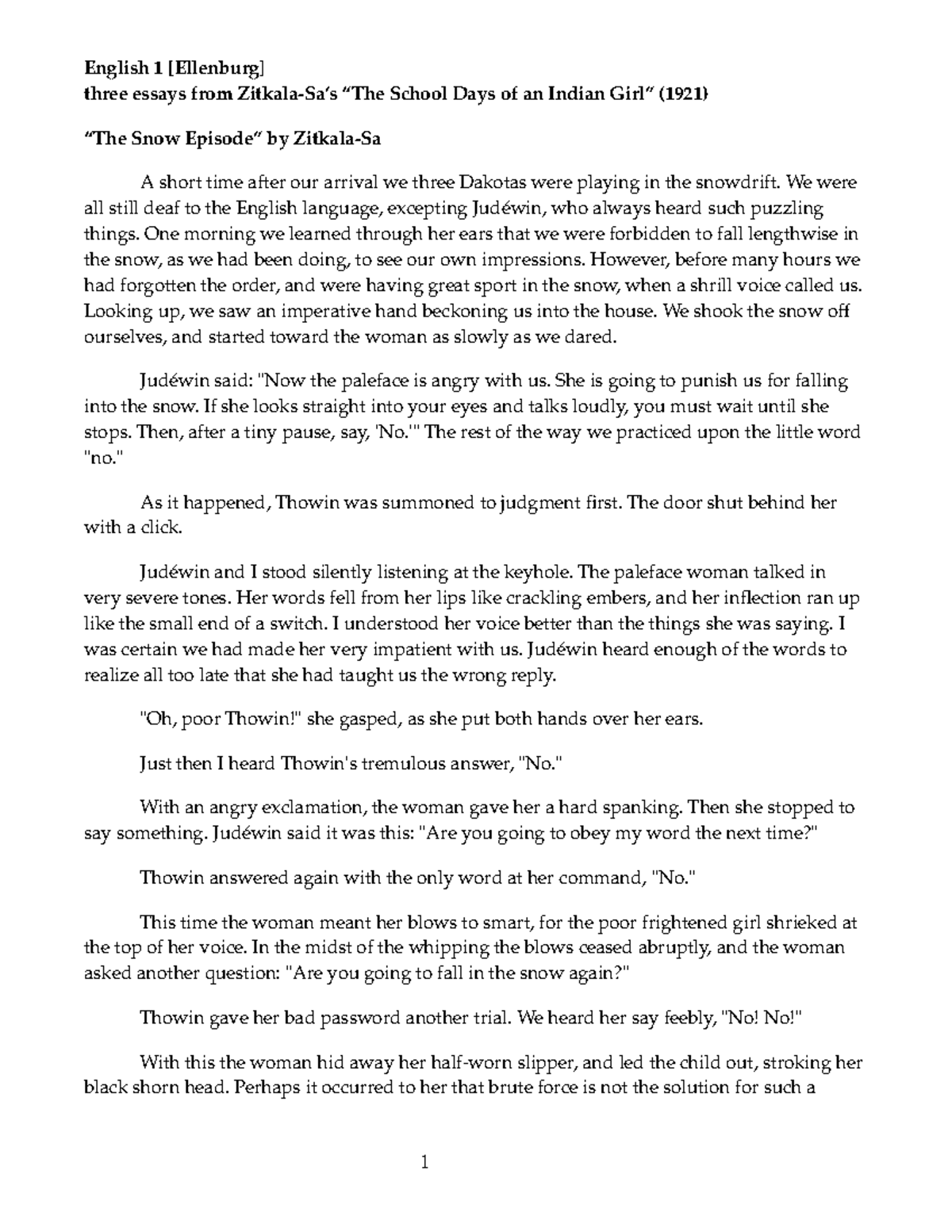 English 1: Zitkala-Sa's Journey in 3 Essays from School Days - Studocu