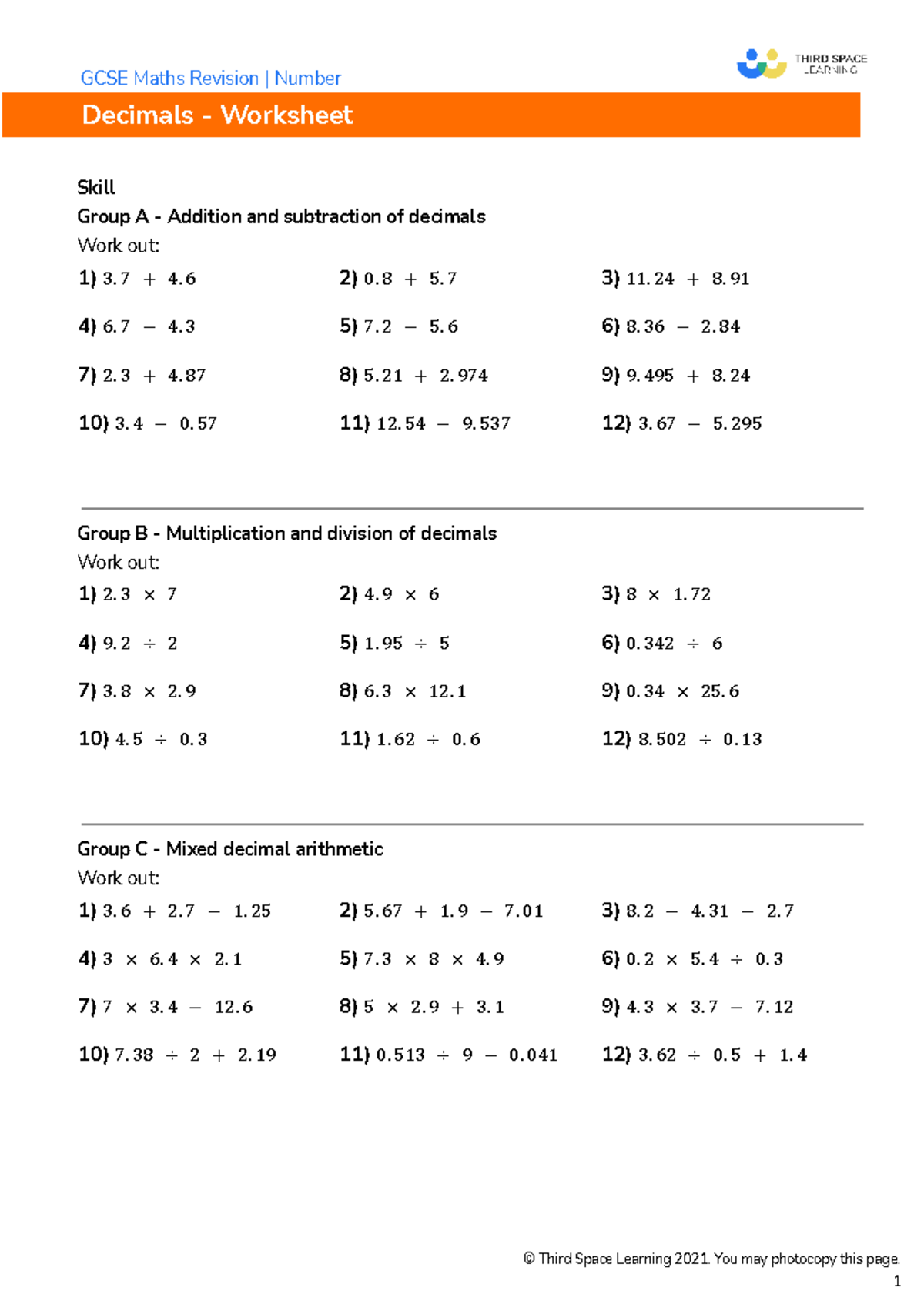 GCSE Maths Revision: Decimals Worksheet (Skill Groups A-C) - Studocu