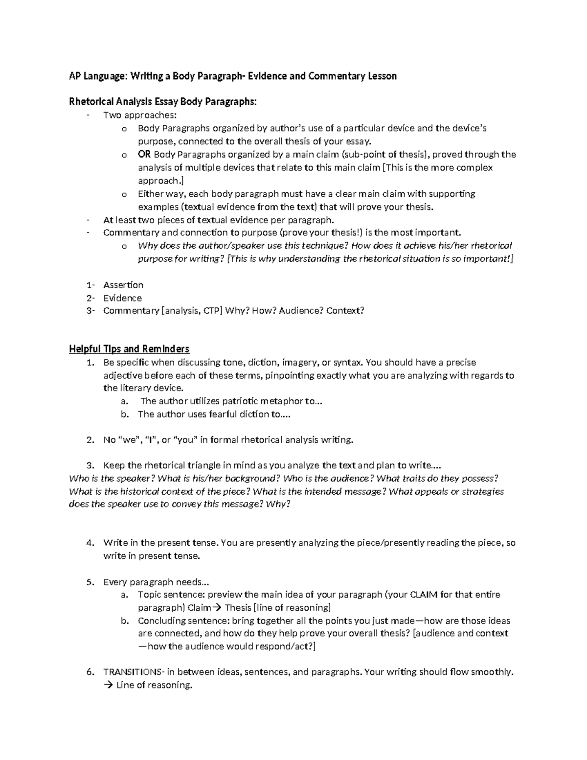 AP Lang: Body Paragraphs - Evidence & Commentary Lesson Notes - Studocu