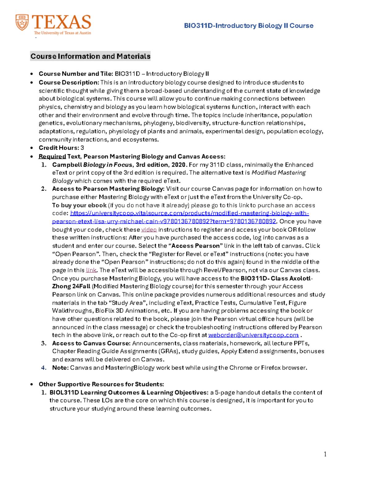 BIO311D Syllabus - Introductory Biology II Course Overview - Studocu