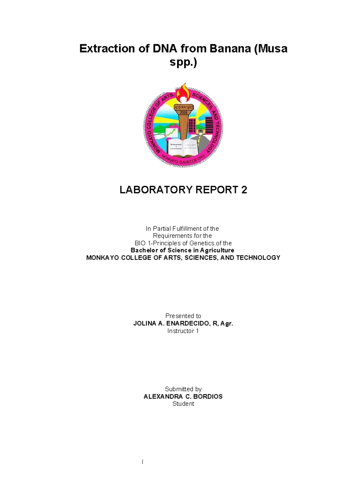 DNA Extraction from Banana (Musa spp.) - LAB REPORT for BIO 202 - Studocu