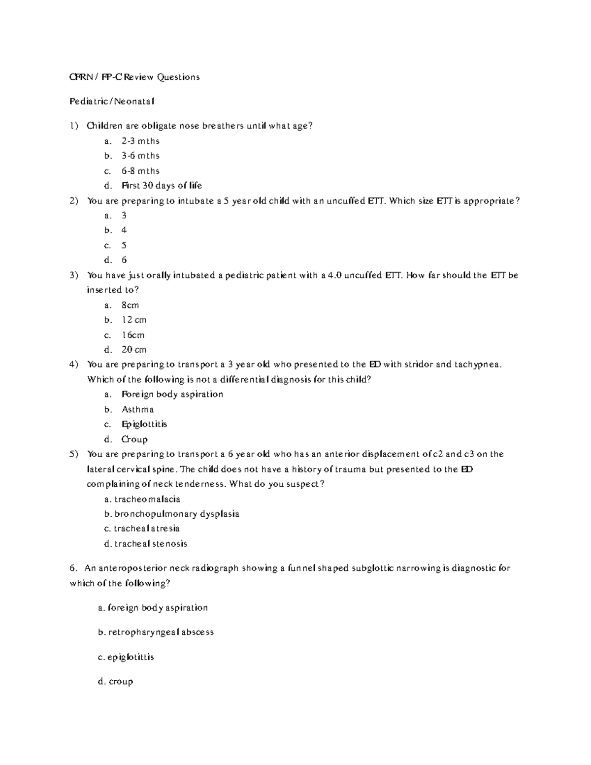 Pediatric and Neonatal CFRN Review Questions - Studocu