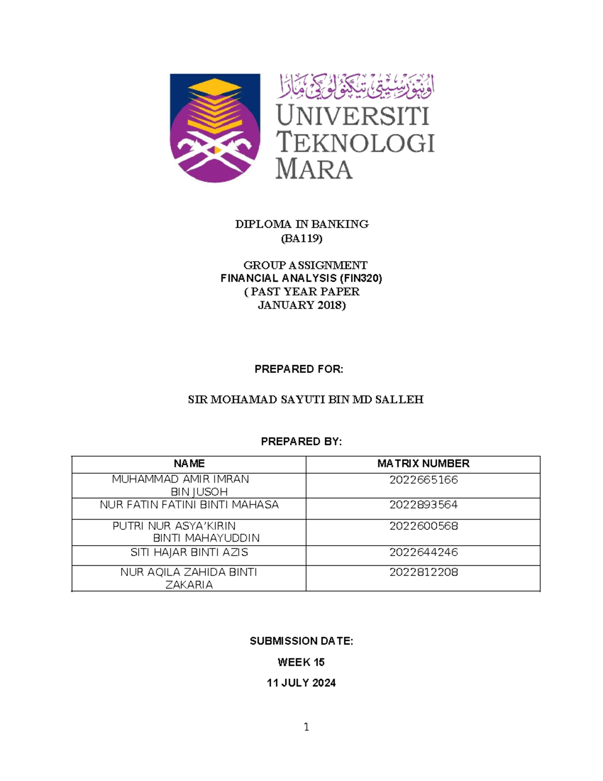 FIN320 Group Assignment: Financial Analysis (Past Year Paper Jan 2018 ...