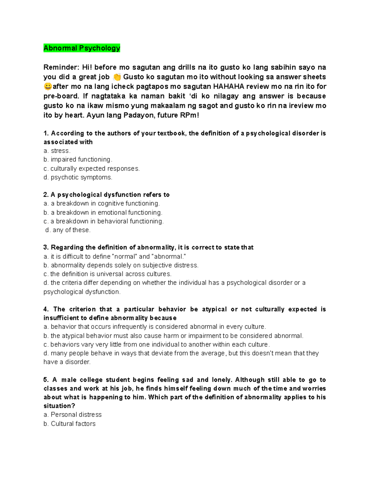 ABNORMAL PSYCHOLOGY FINAL EXAM REVIEWER (BLEPP) - Studocu