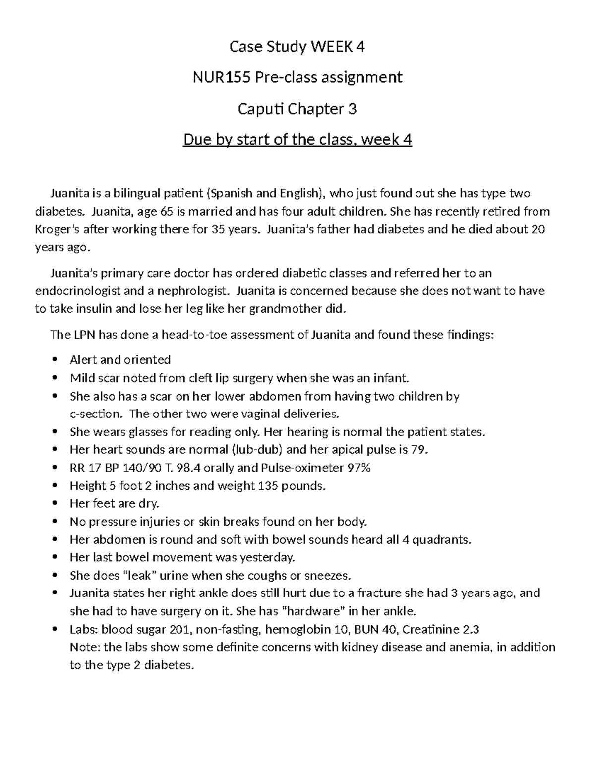 NUR155 Week 4 Case Study: Juanita's Type 2 Diabetes Management - Studocu