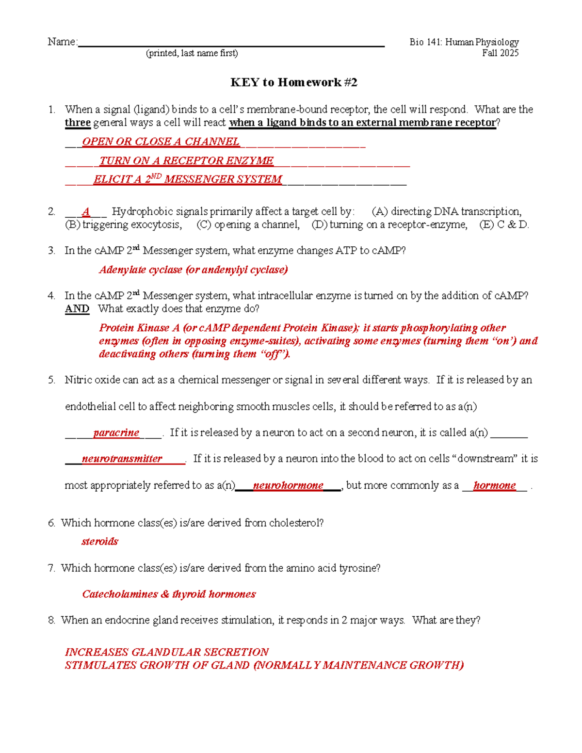 Human Physiology Quiz #1 Key - Bio 141 Fall 2025 - Studocu