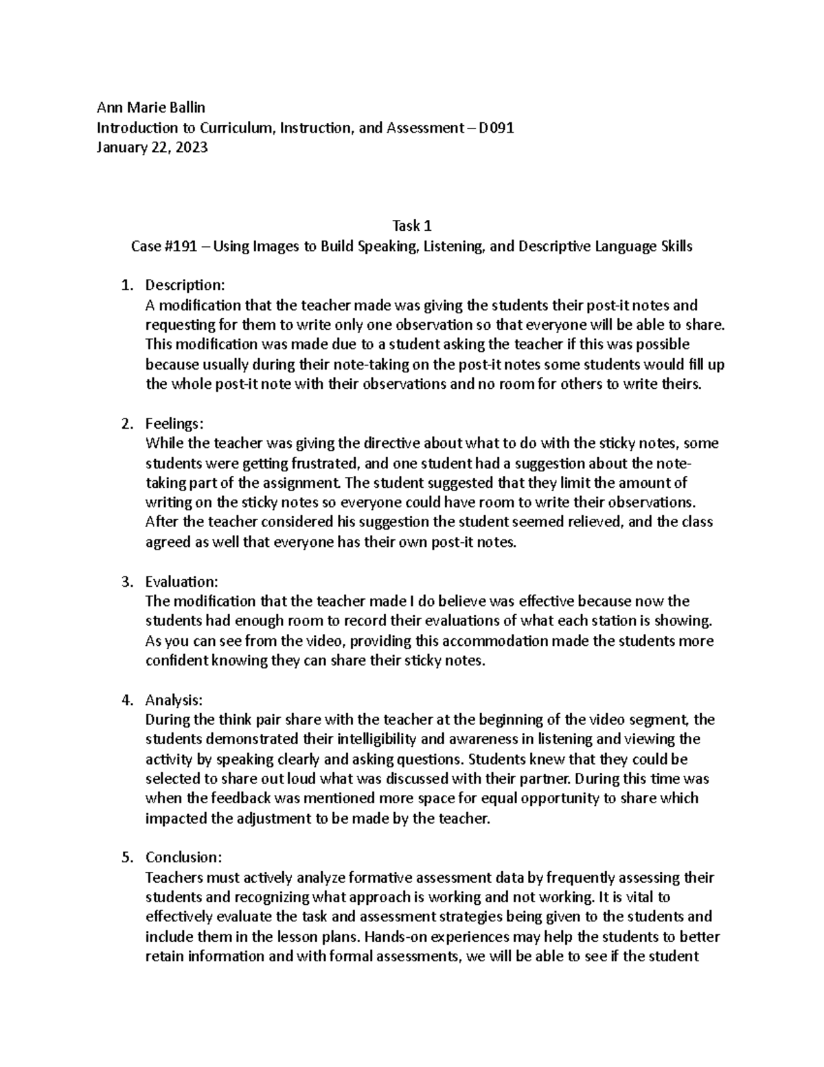 D091 - Task 1 - passed - Ann Marie Ballin Introduction to Curriculum, Instruction, and ...