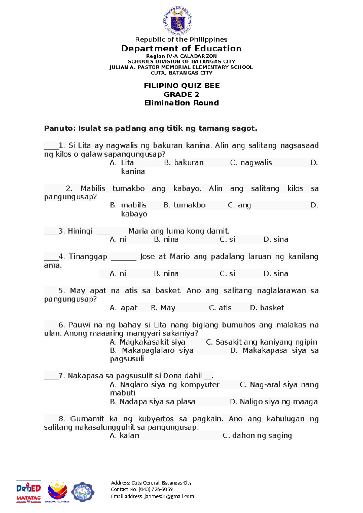 Filipino Quiz Bee G2 Elimination Round ER - Julian A. Pastor School ...