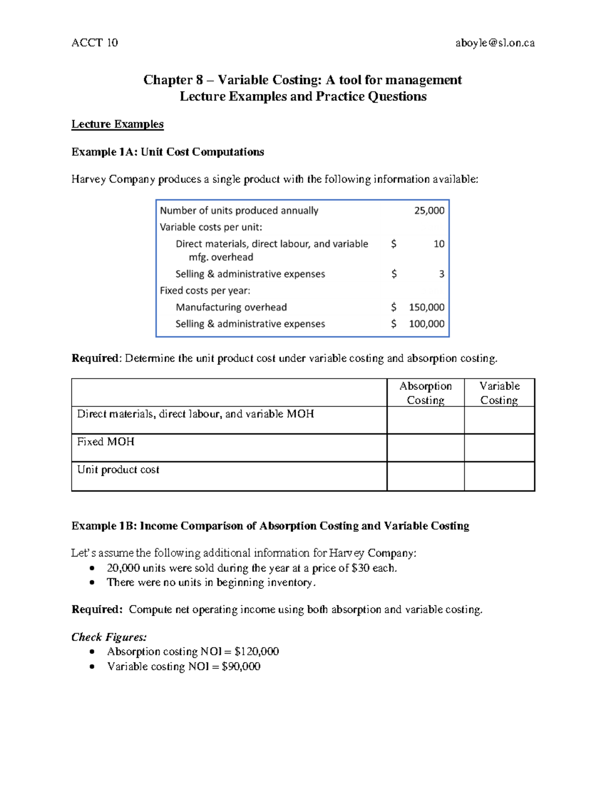 ACCT 10 Chapter 8 Variable Costing Examples and Practice Problems - Studocu