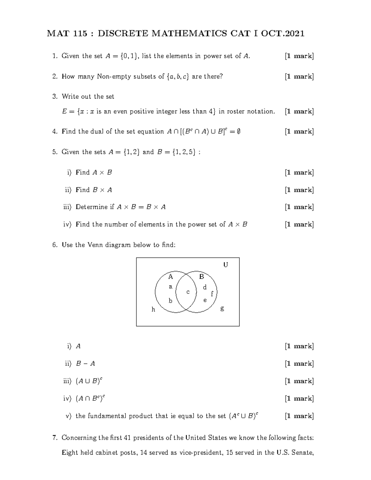 MAT 115: Discrete Mathematics CAT I Sample Questions - Oct 2021 - Studocu