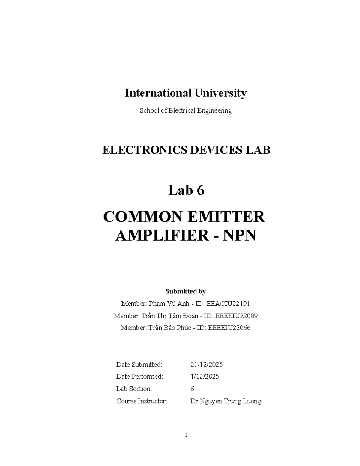 Lab 6 Report: Common Emitter Amplifier Analysis - EEACIU22191 - Studocu