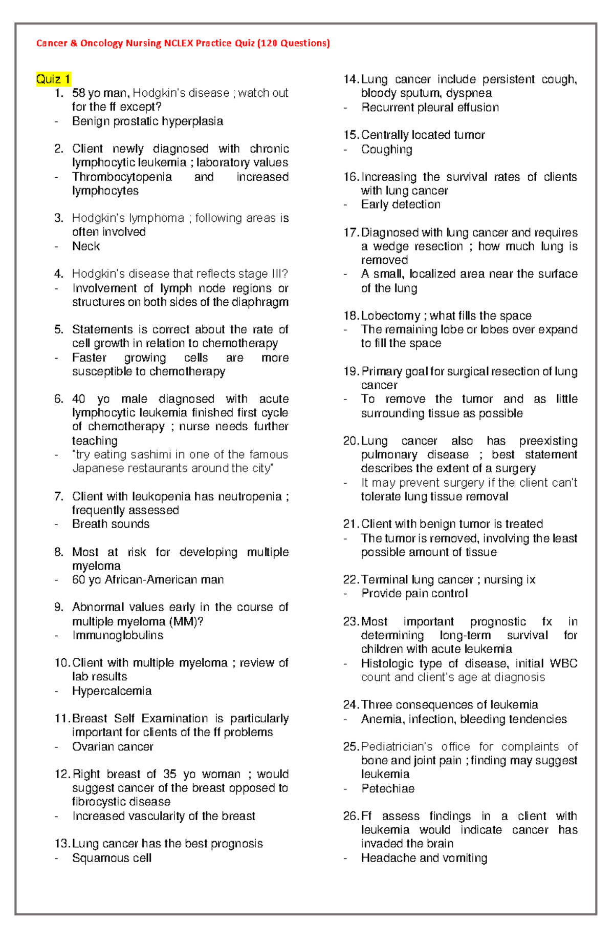 Cancer & Oncology Nursing NCLEX Quiz 1: Key Concepts and Practice - Studocu