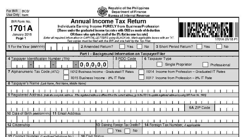 BIR Form 1701A Annual Income Tax Return - Jan 2018 Version 5 - Studocu