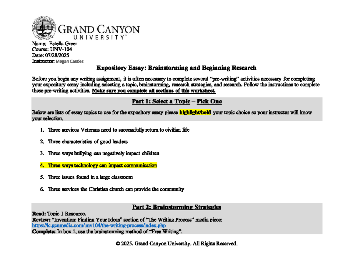 UNV-104 Expository Essay: Brainstorming & Research Strategies - Studocu