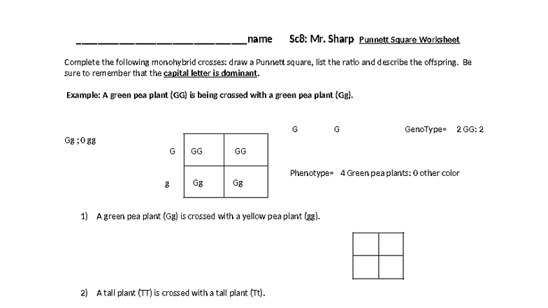 Sc8: Punnett Square Worksheet for Monohybrid Crosses - Studocu