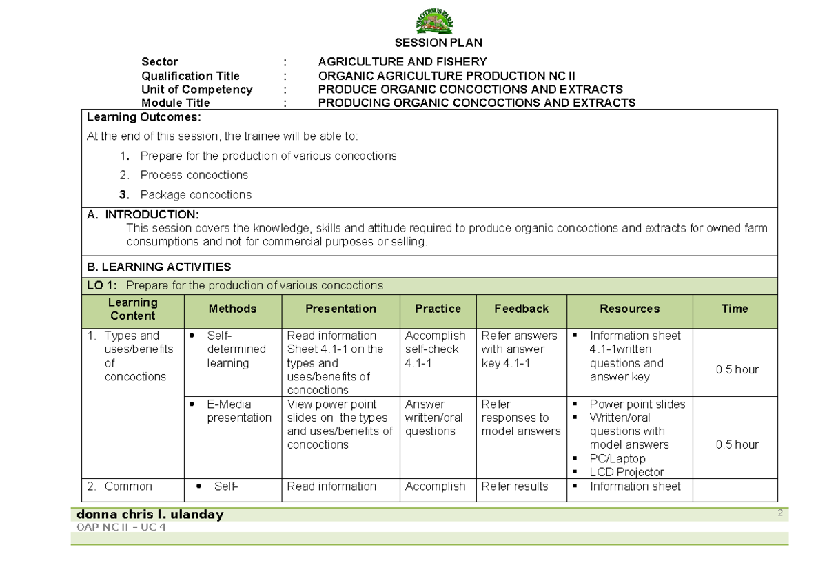 DCLU Session Plan: Producing Organic Concoctions and Extracts TM 1 ...