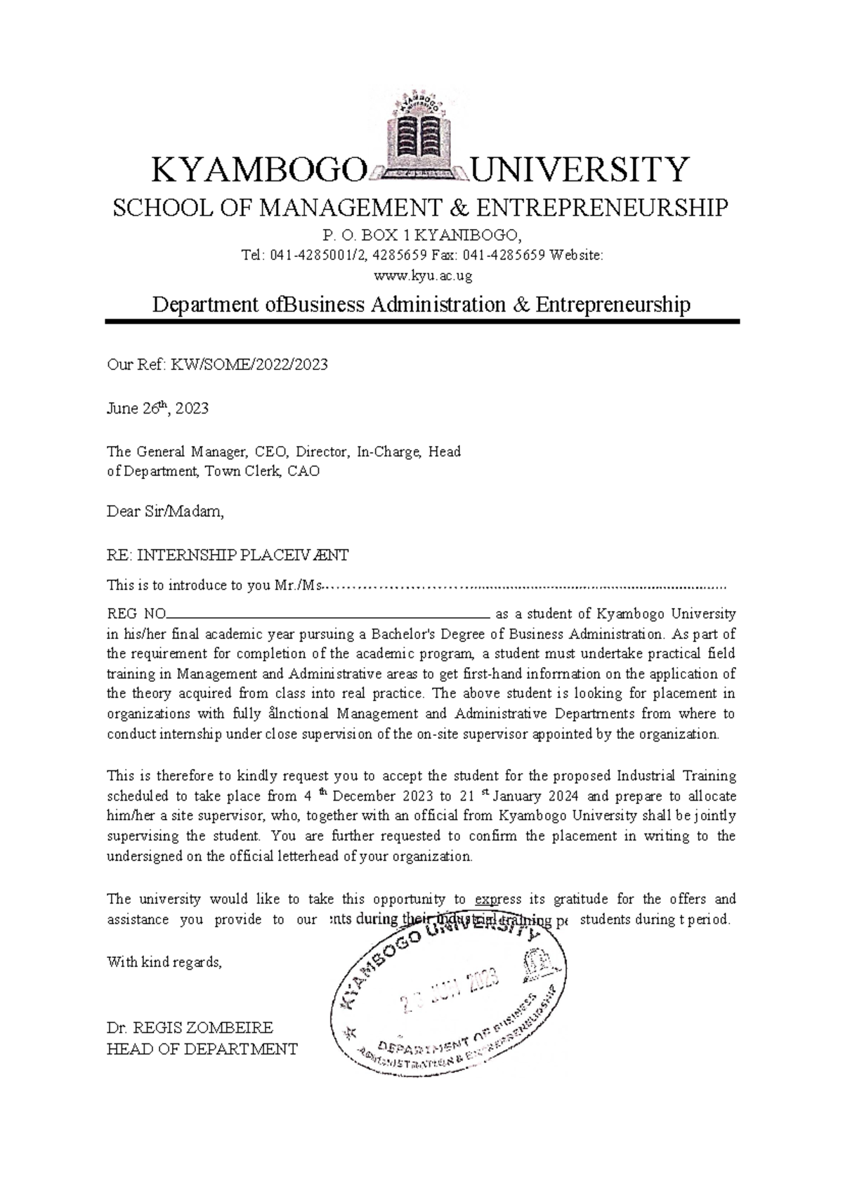BBA Placement Letter 2 - tutorial work by me - KYAMBOGO UNIVERSITY ...