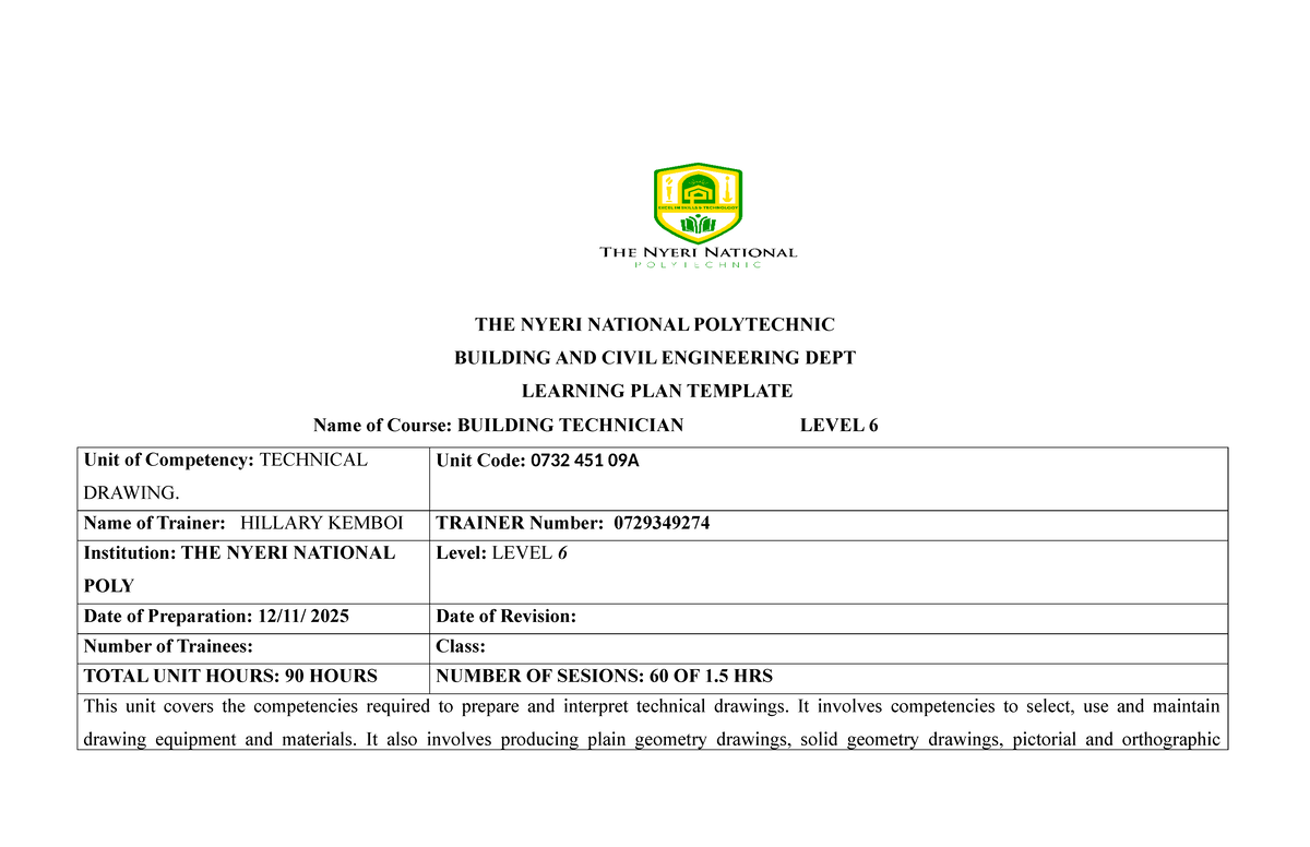 Building Technician Level 6: Technical Drawing Learning Plan Template ...