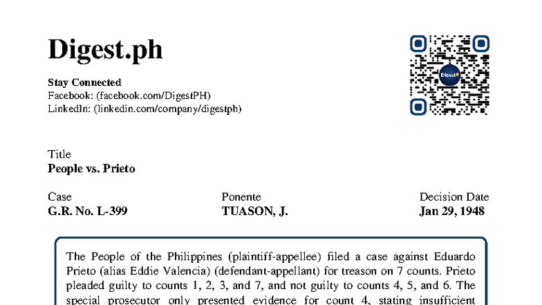 Case Digest: People vs. Prieto (G.R. No. 1) - Treason Ruling - Studocu