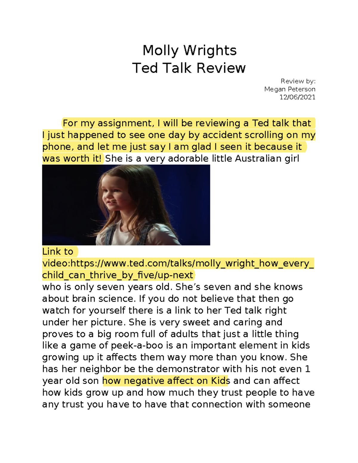 writtenreviewassignment - Molly Wrights Ted Talk Review Review by ...