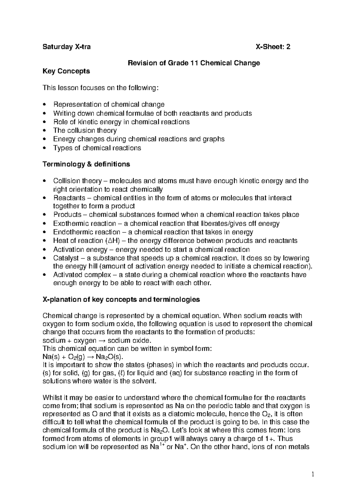 Chemical Change - Grade 12 PHYSICAL SCIENCES NOTES - Saturday X-tra X ...