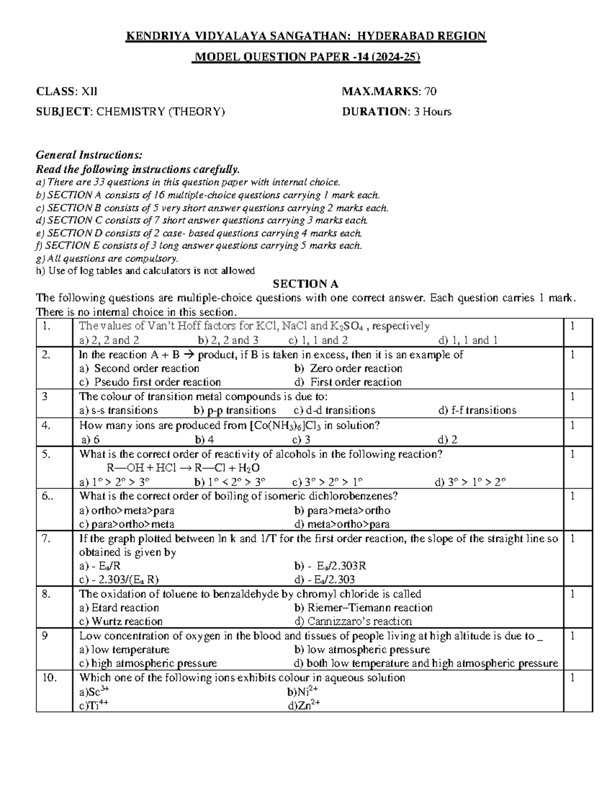 XII CHEM 14 MQP - Sample Question Paper & Answer Key for 2024-25 - Studocu
