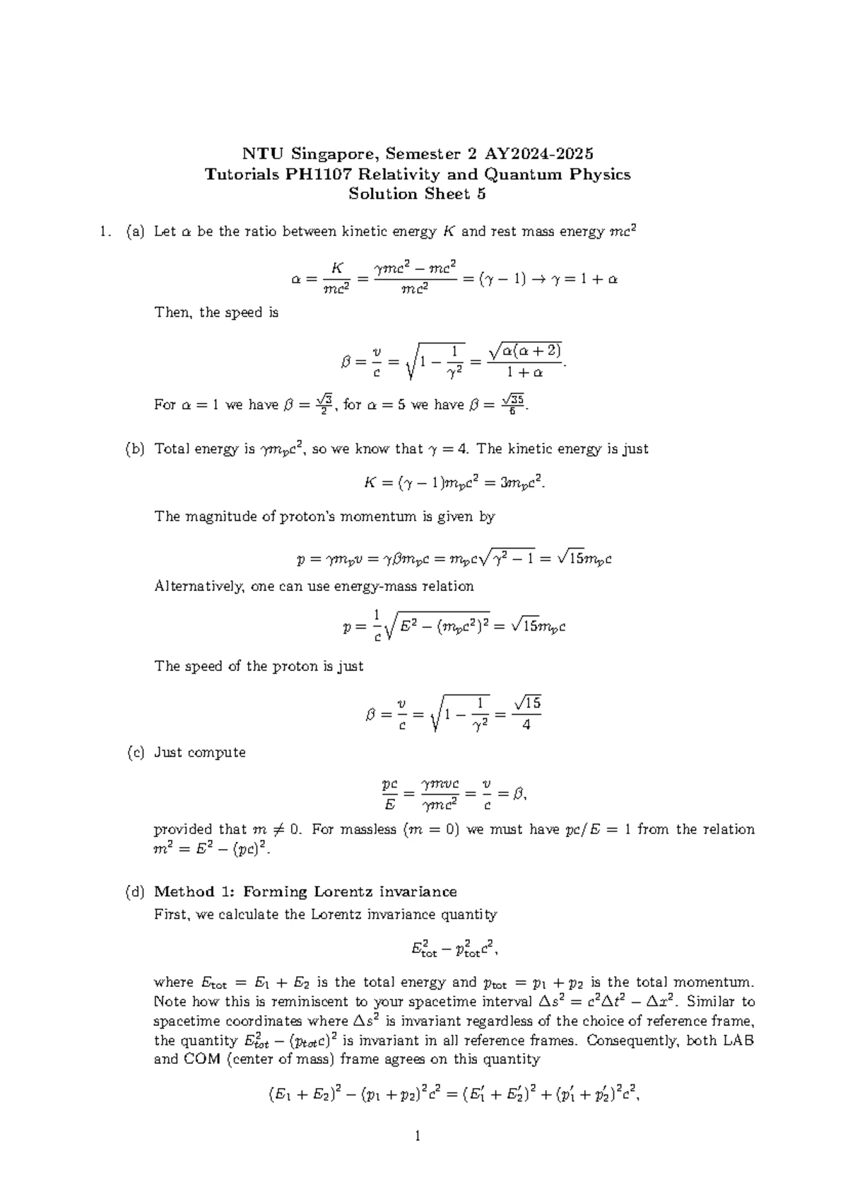 NTU PH1107 Semester 2 Tutorial 4 Solutions: Relativity & Quantum Physics - Studocu