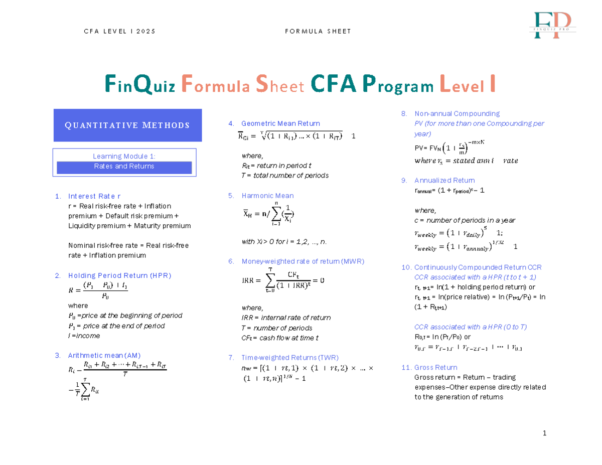 CFA LEVEL I 2025 QUIZ FORMULA SHEET: KEY CONCEPTS & CALCULATIONS - Studocu