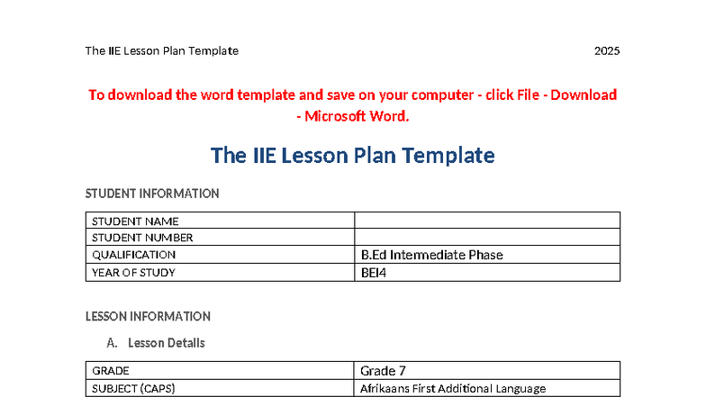 IIE B.Ed Lesson Plan Template 2025 for Intermediate Phase - Studocu