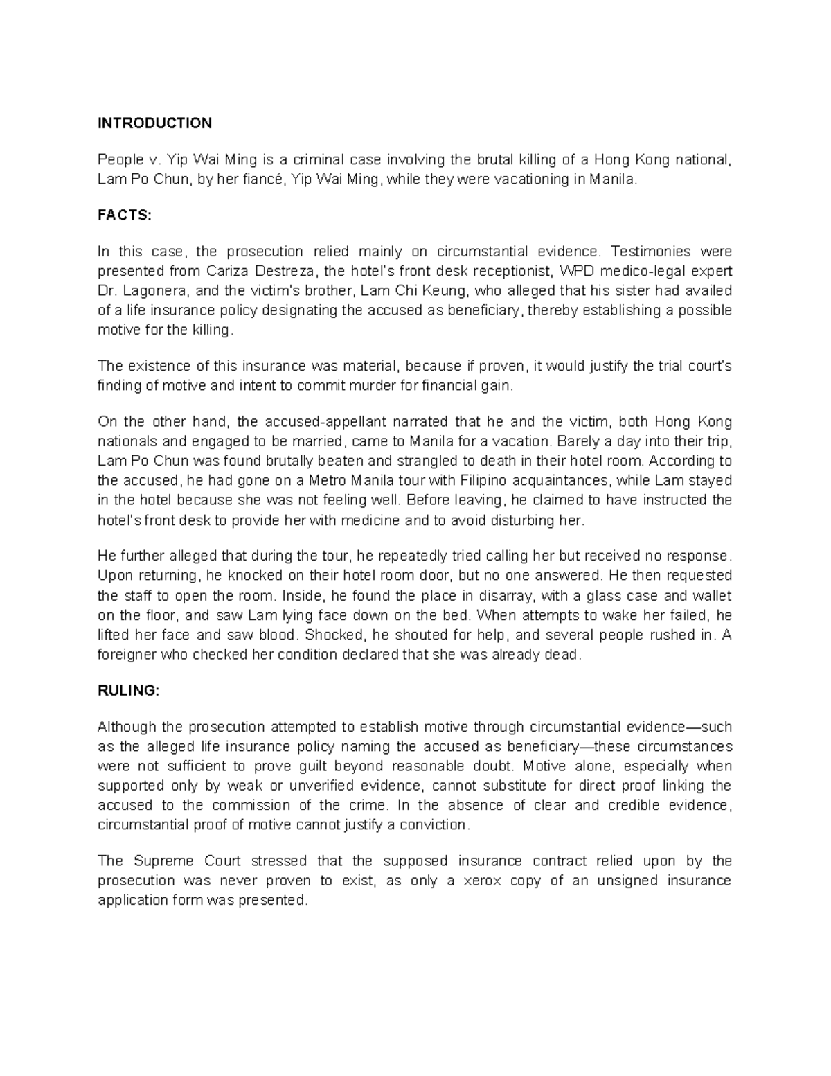 People v. Yip Wai Ming: Analysis of Insurance Motive in Murder Case ...