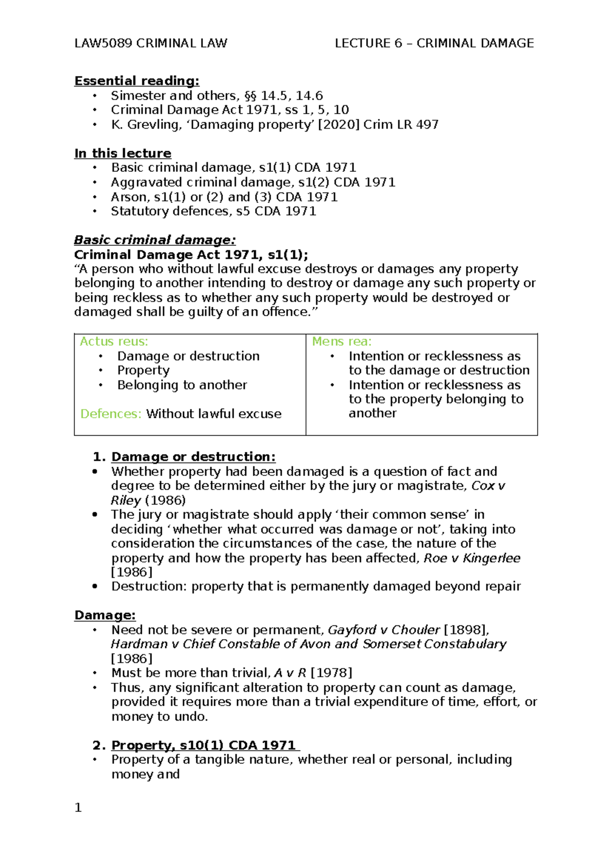 LAW5089 CRIMINAL LAW LECTURE 6: CRIMINAL DAMAGE OVERVIEW - Studocu