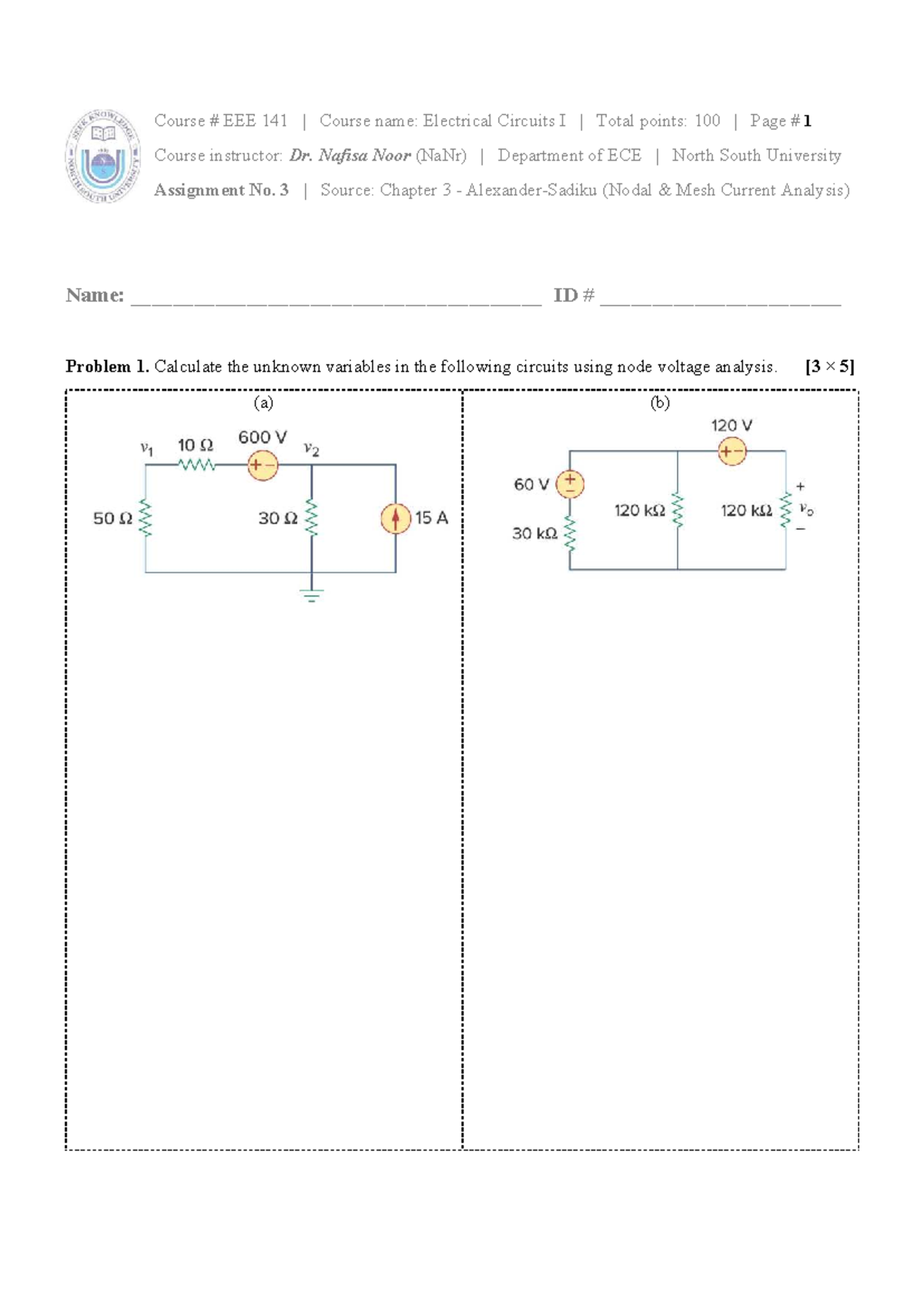 EEE 141 Assignment 3: Nodal and Mesh Current Analysis - Studocu