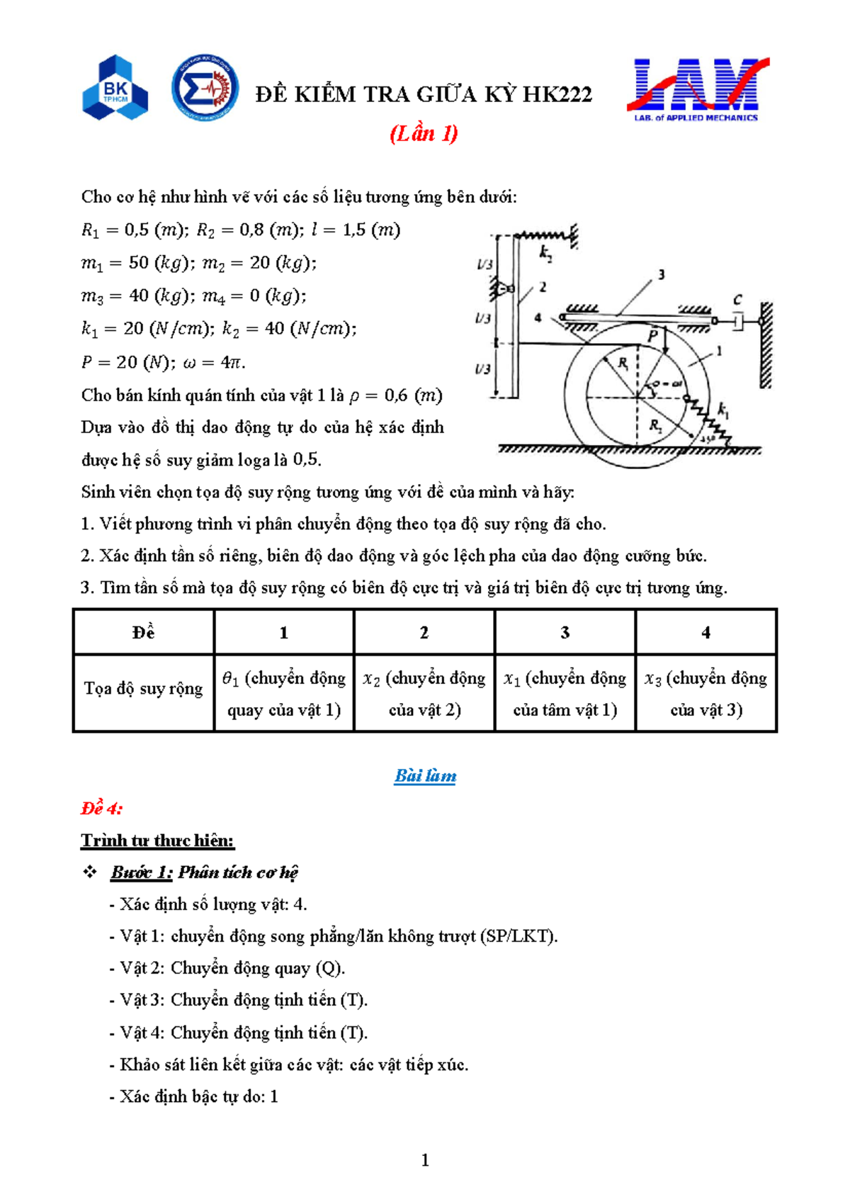 ĐỀ KIỂM TRA GIỮA KỲ HK222 - Cơ Hệ và Dao Động Tự Do - Studocu