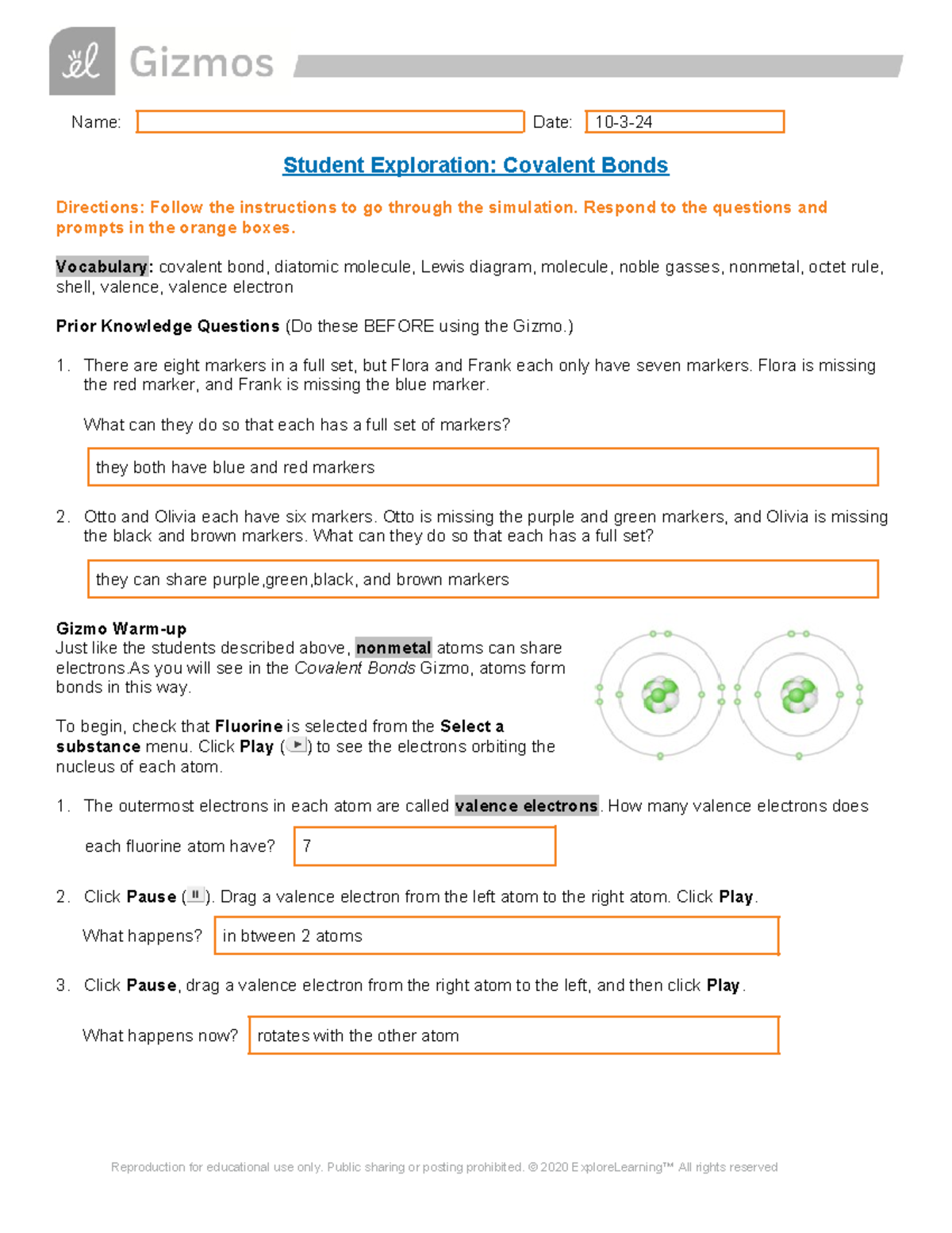 Covalent Bonds Exploration - Gizmo Activity Guide - Studocu