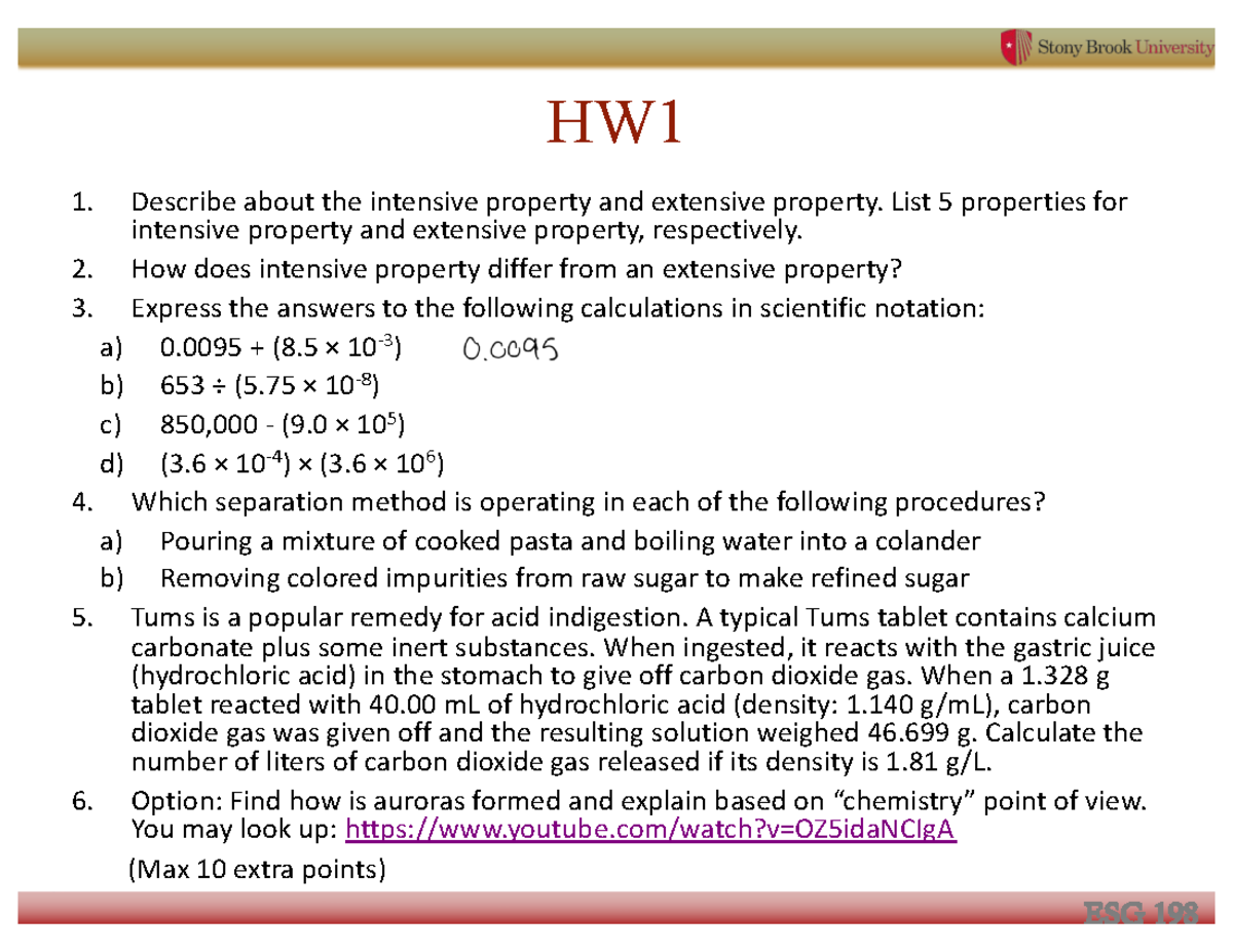 HW1 - Intensive vs Extensive Properties & Related Calculations - Studocu