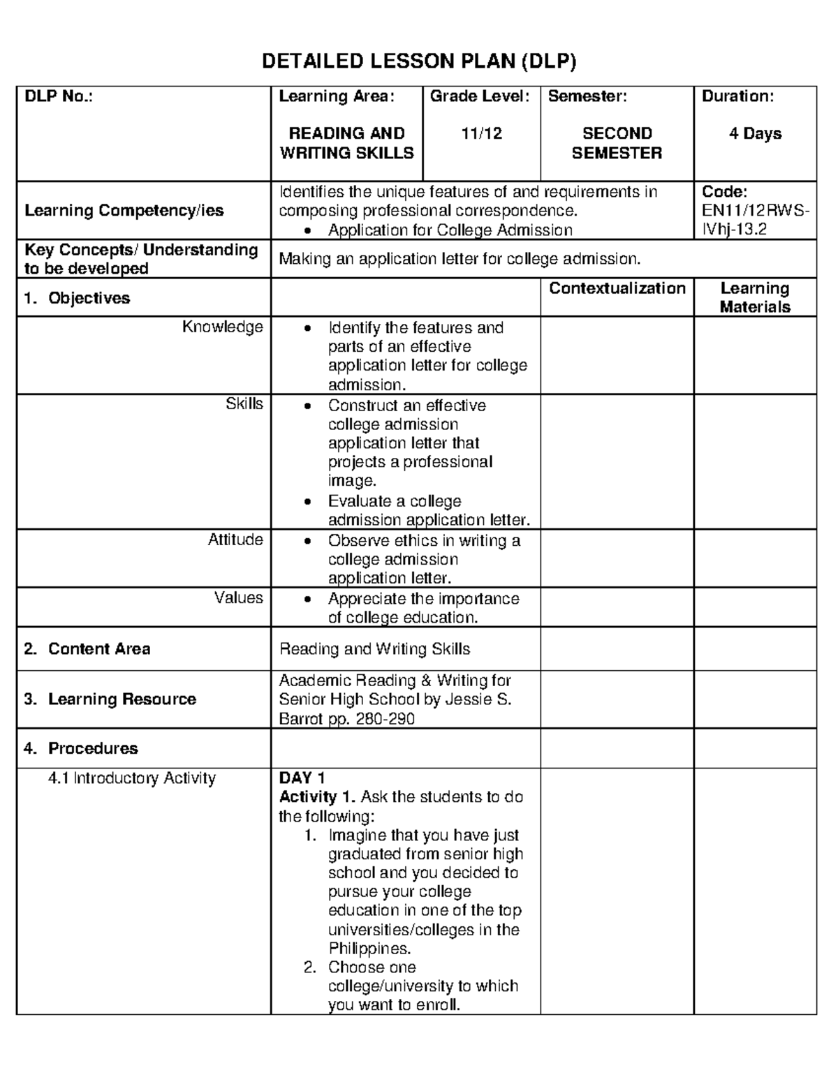 Admission Letter Writing Lesson Plan - EN11/12RWS-IVhj-13 - Studocu