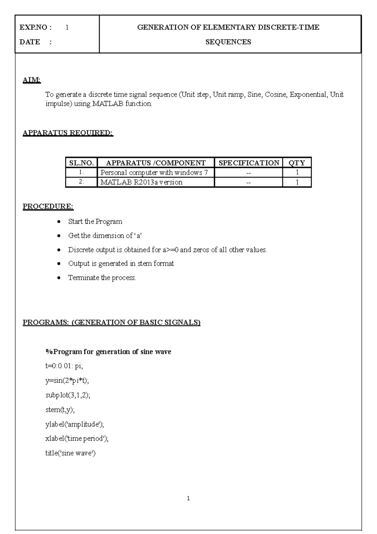 EC3492 Digital Signal Lab Manual: MATLAB Signal Generation & Analysis ...