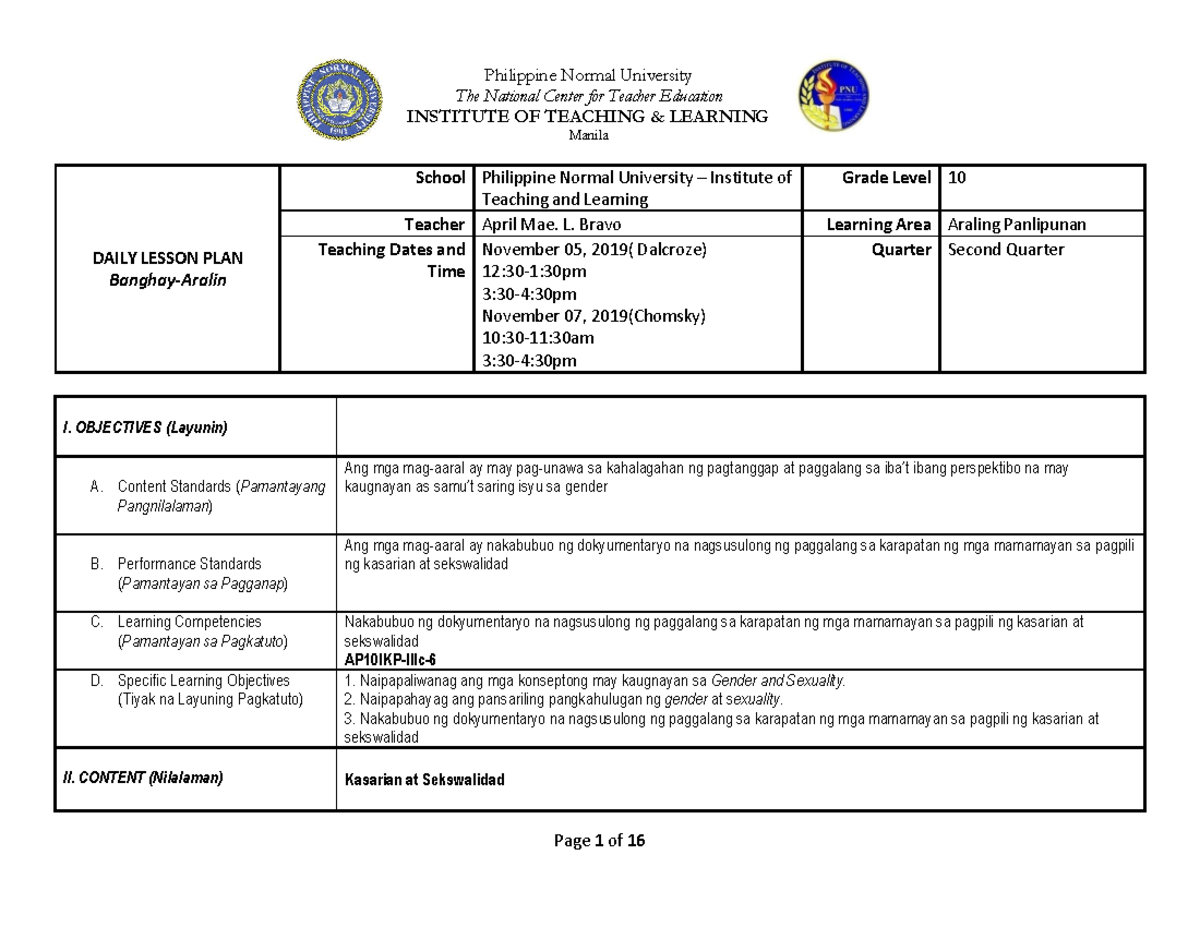 Daily Lesson Plan on Gender and Sexuality (Grade 10, Araling Panlipunan ...