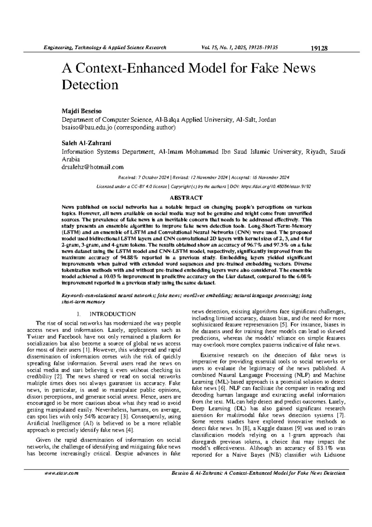 A Model for Fake News Detection Using Deep Learning Techniques (ENG ...