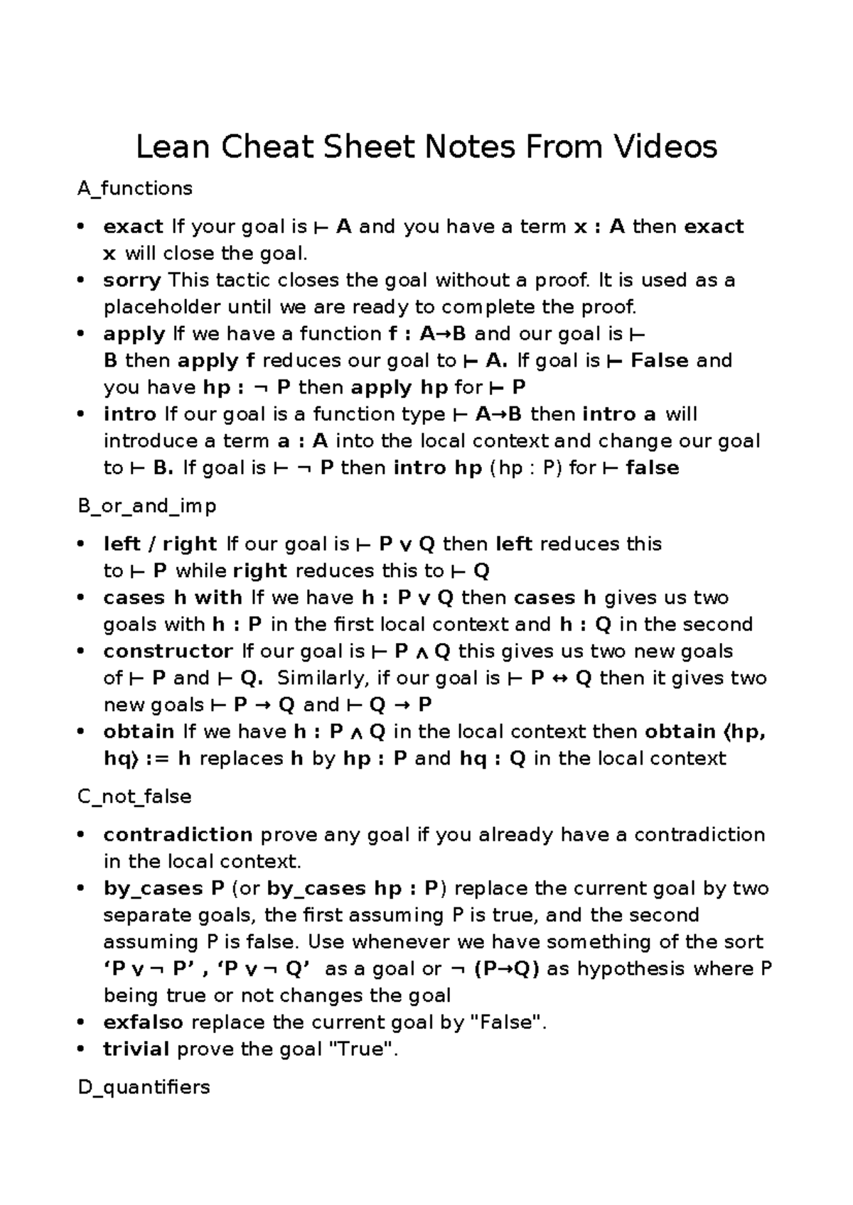 Lean Quick Notes - Coursework Cheat Sheet for A_functions - Studocu