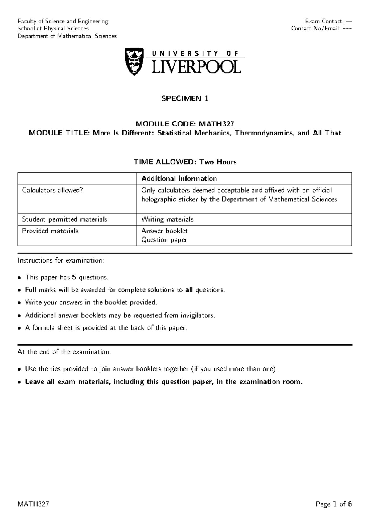MATH327 Specimen Exam 1: Statistical Mechanics & Thermodynamics - Studocu