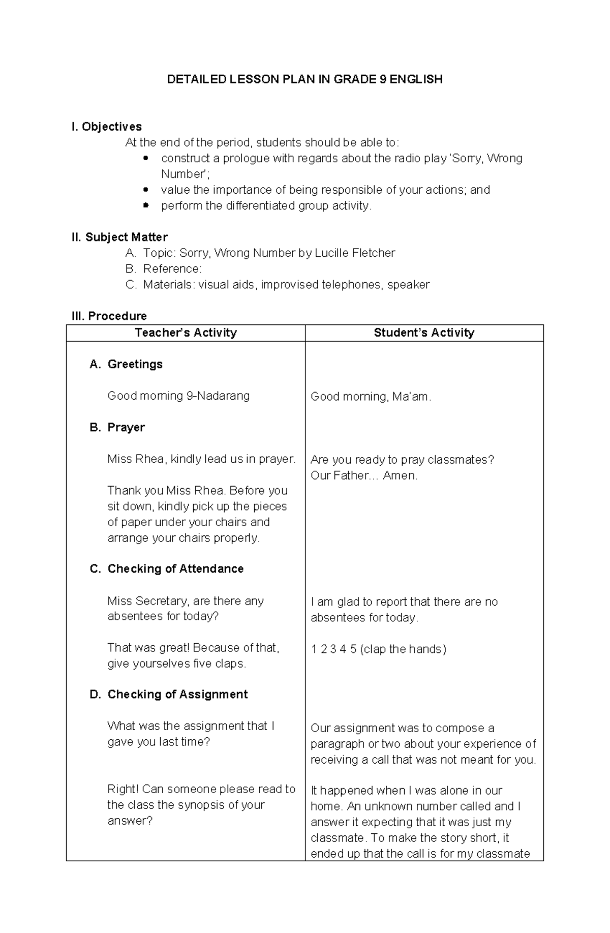 Grade 9 English Detailed Lesson Plan: Exploring 'Sorry, Wrong Number ...