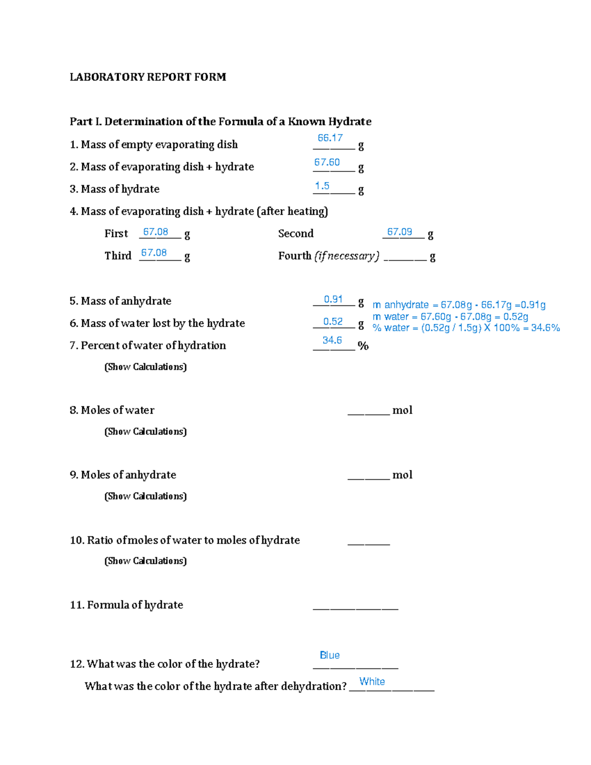 Lab Report Form 1: Analyzing Known and Unknown Hydrates - Studocu