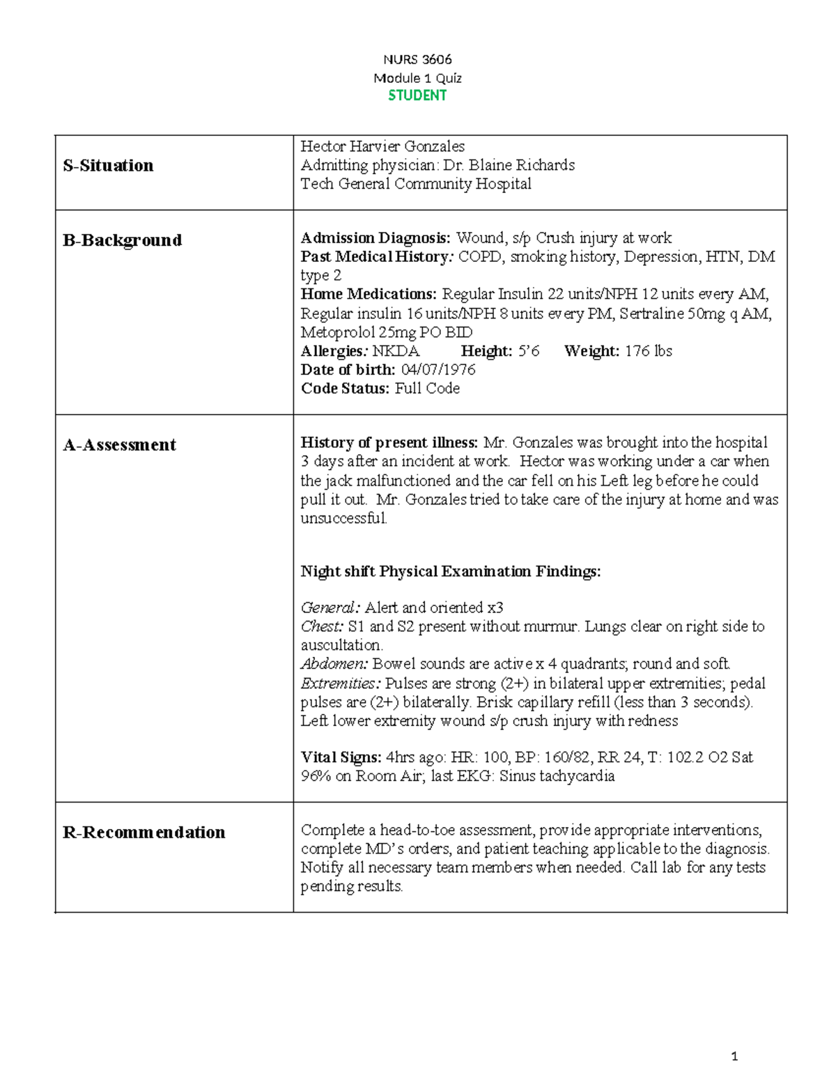 NURS 3606 Module 1 Quiz: Patient Case Study - Hector Gonzales - Studocu