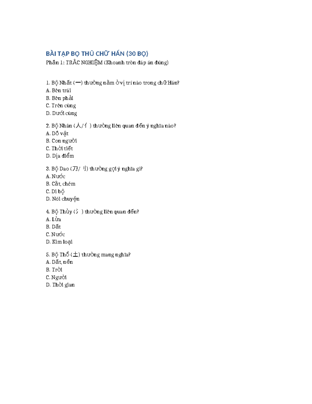 BÀI TẬP BỘ THỦ CHỮ HÁN (30 BỘ) - TRẮC NGHIỆM & TỰ LUẬN - Studocu