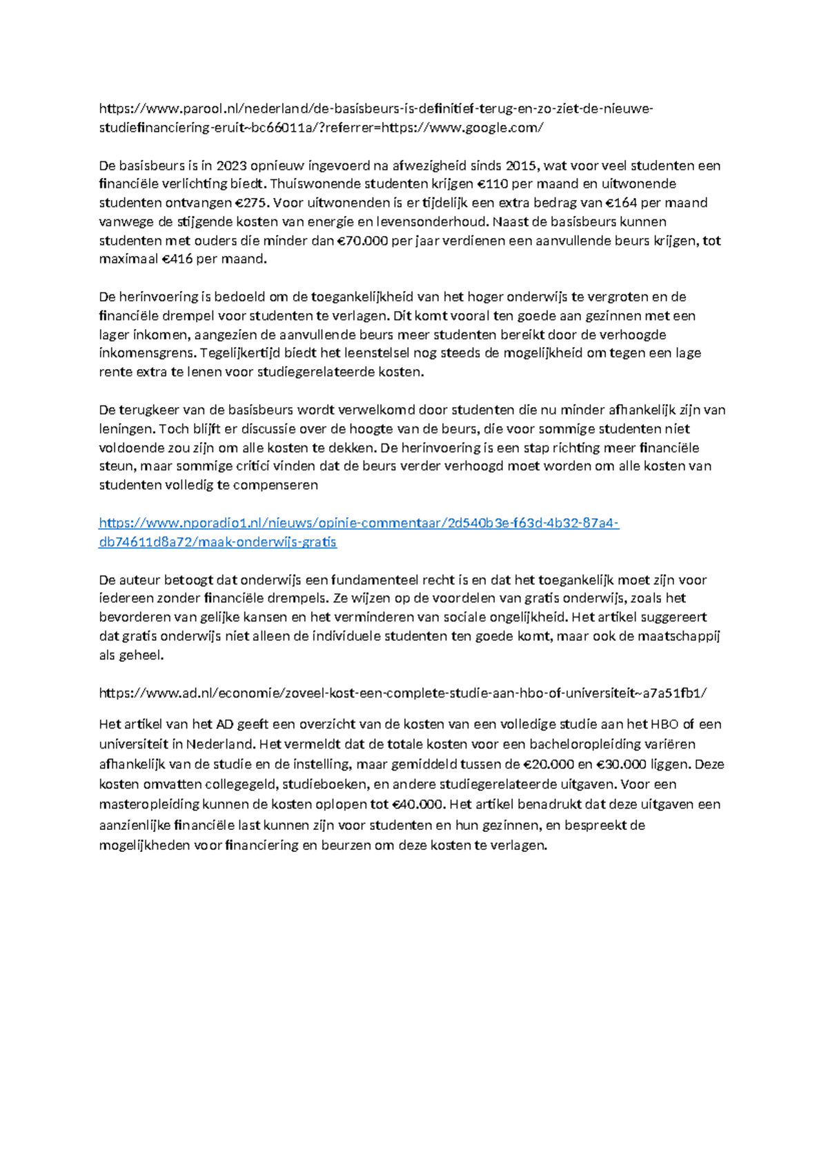 Nederlands Samenvattingen: Terugkeer Basisbeurs & Onderwijsfinanciering ...