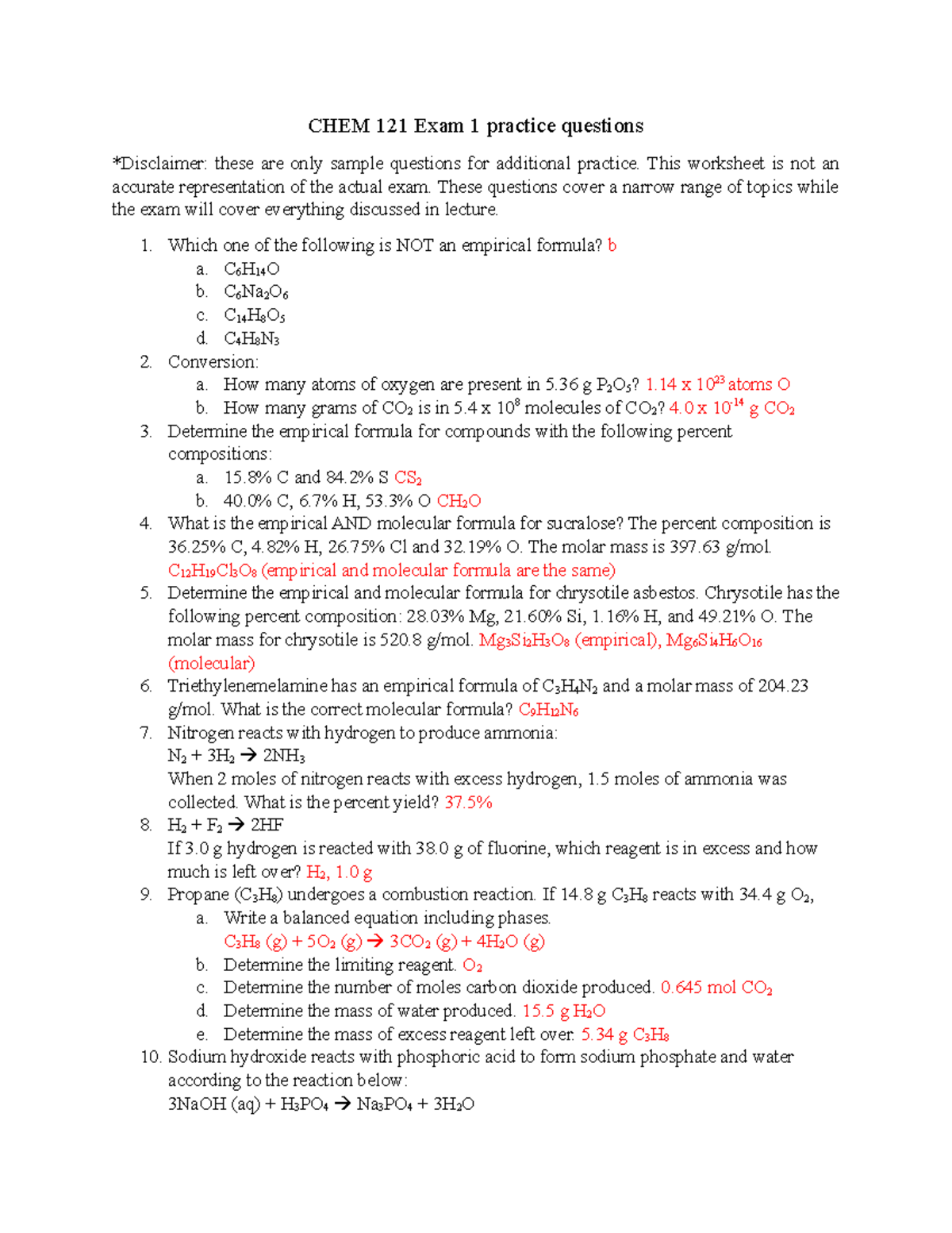 CHEM 121 Exam 1 Sample Practice Questions and Solutions - Studocu